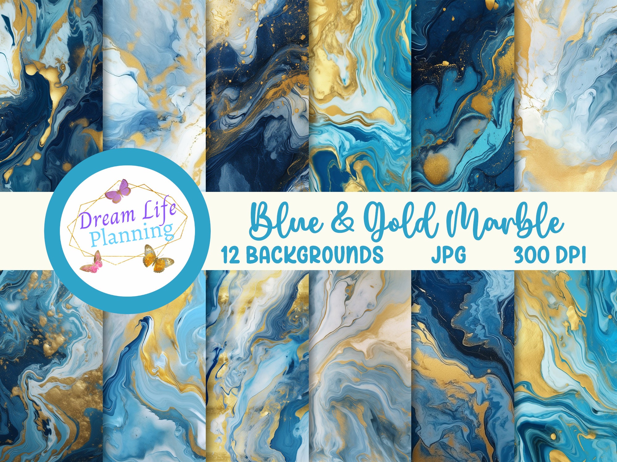 Blue & Gold Marble Papers | Marble Papers | Marbled Digital Paper ...