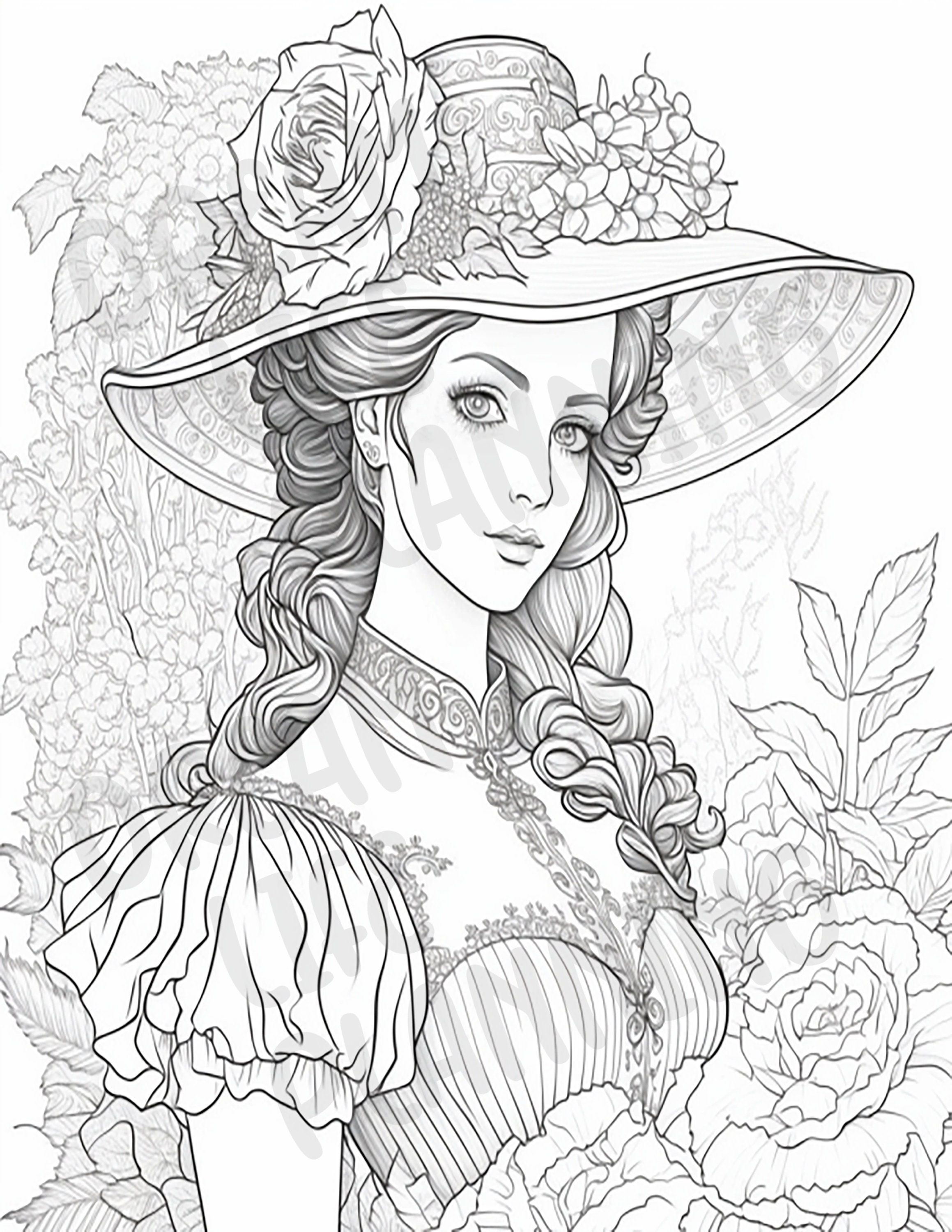 Victorian Lady Coloring Pages | Greyscale Art, Vintage Designs (PDF ...