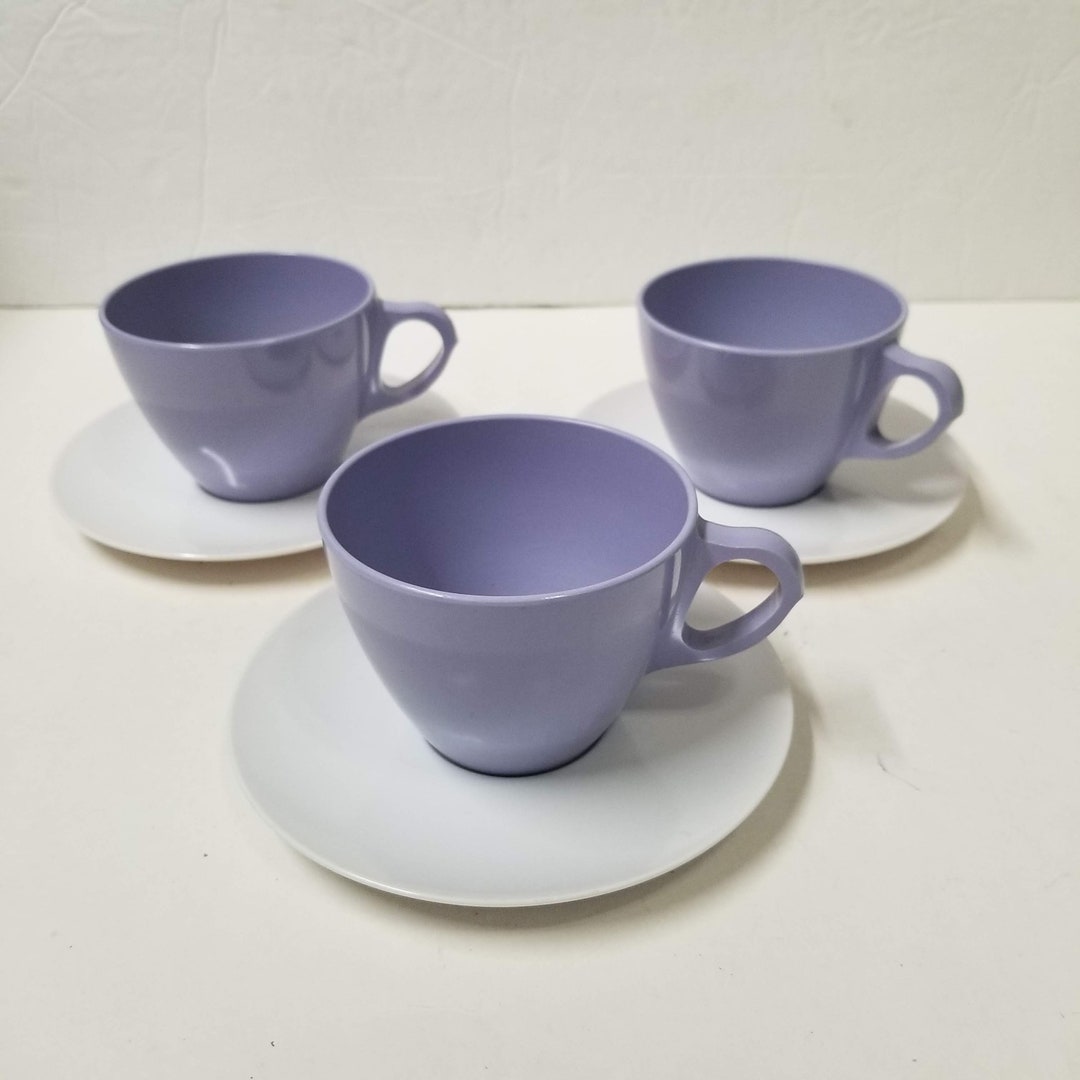 6 Pc Melmac Royalon Purple Coffee Cups White Saucers Lavender Corsage ...