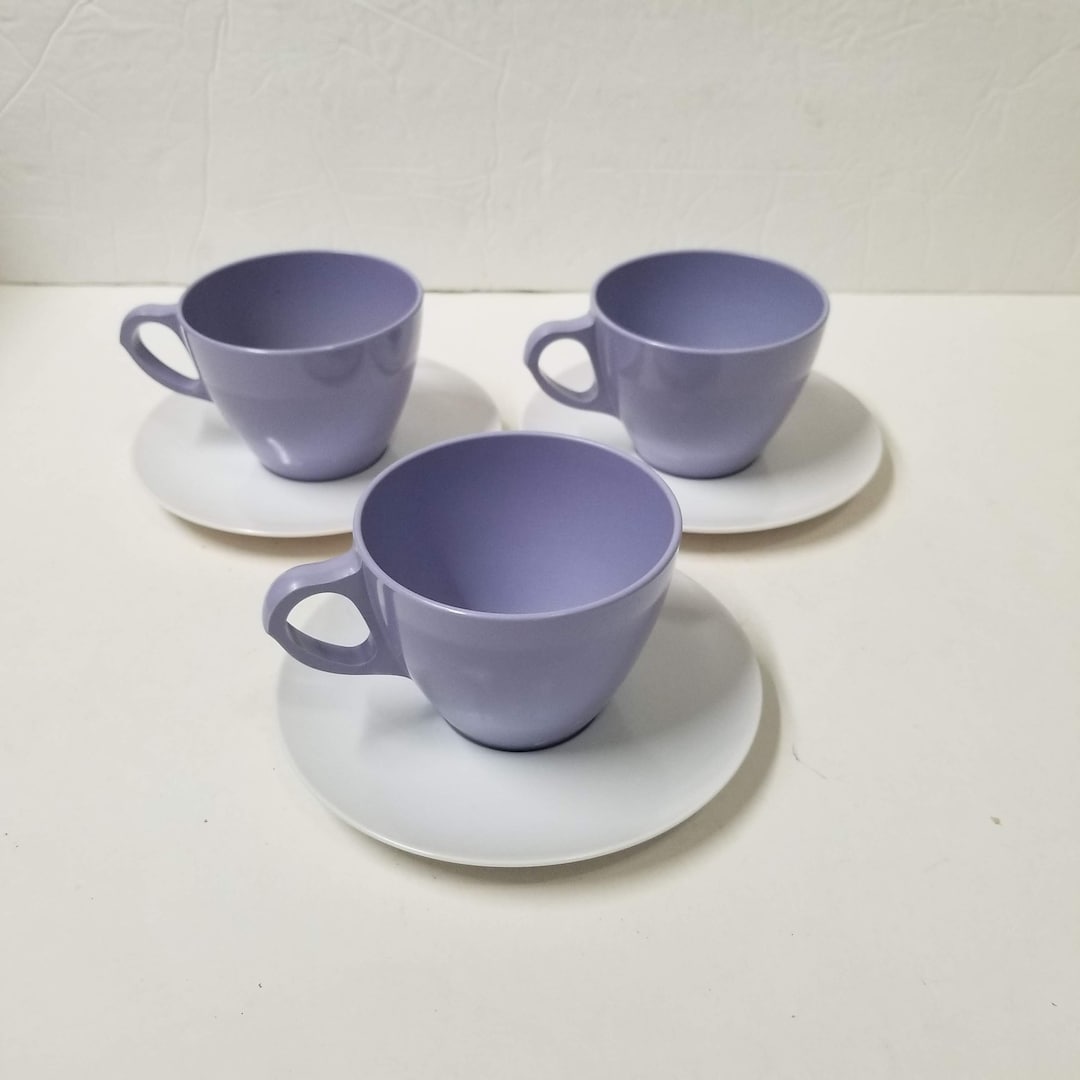 Melmac Royalon Purple 3 Coffee Cups and 3 White Saucers Lavender ...