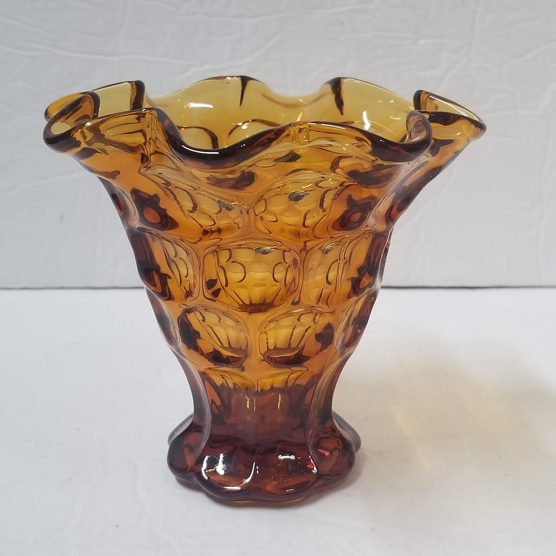Heisey Glass Ruffle Top Vase Amber Glass Vintage Dimple Brown Glass ...