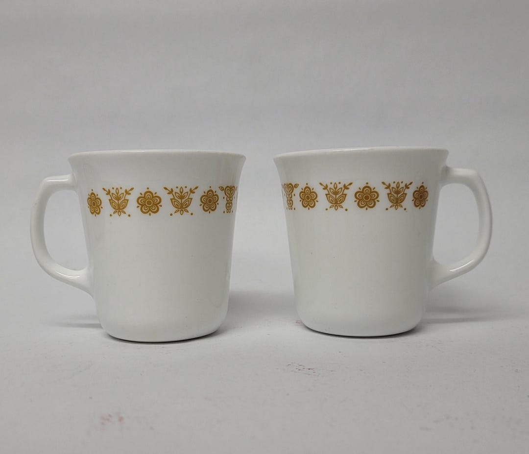 2 Butterfly Gold Coffee Mugs Vintage Corning Pyrex Corelle Brown Floral ...