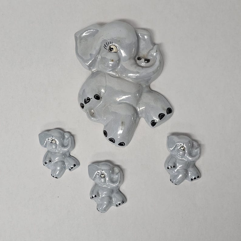 4 Chalkware Elephants Blue Nursery Decor Vintage Glossy Elephant Wall ...