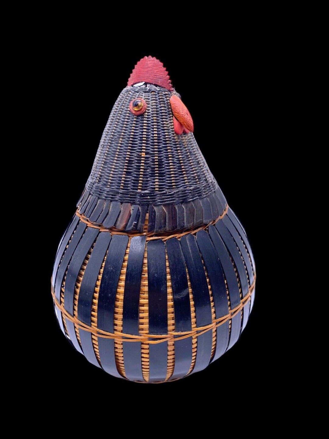 Vintage Chicken Hen Basket Wicker Rattan Woven Black 2 Piece Rooster ...