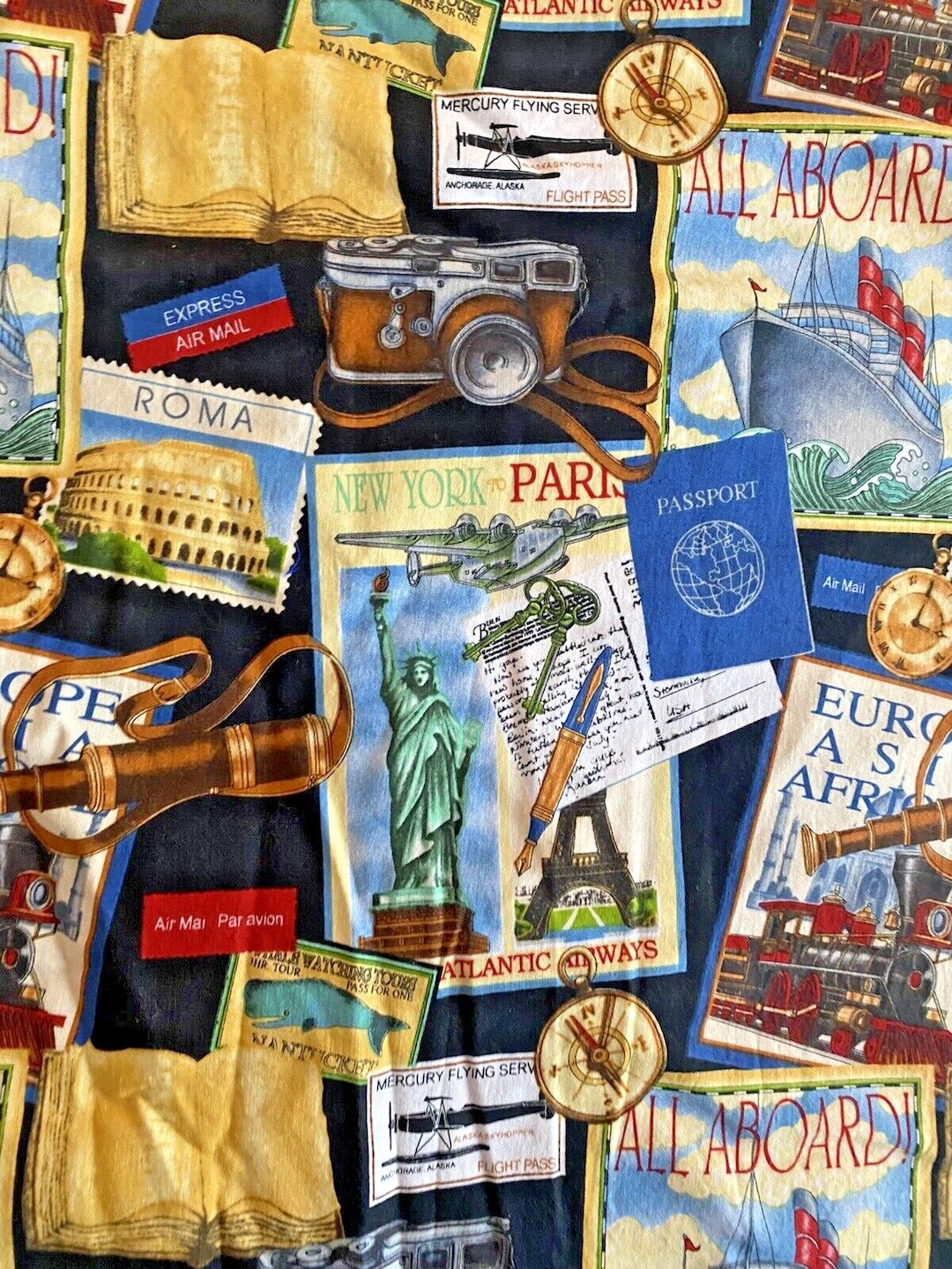 Travel Themed Fabric 3.5 Yards Europe Vintage Camera Compass Timeless ...