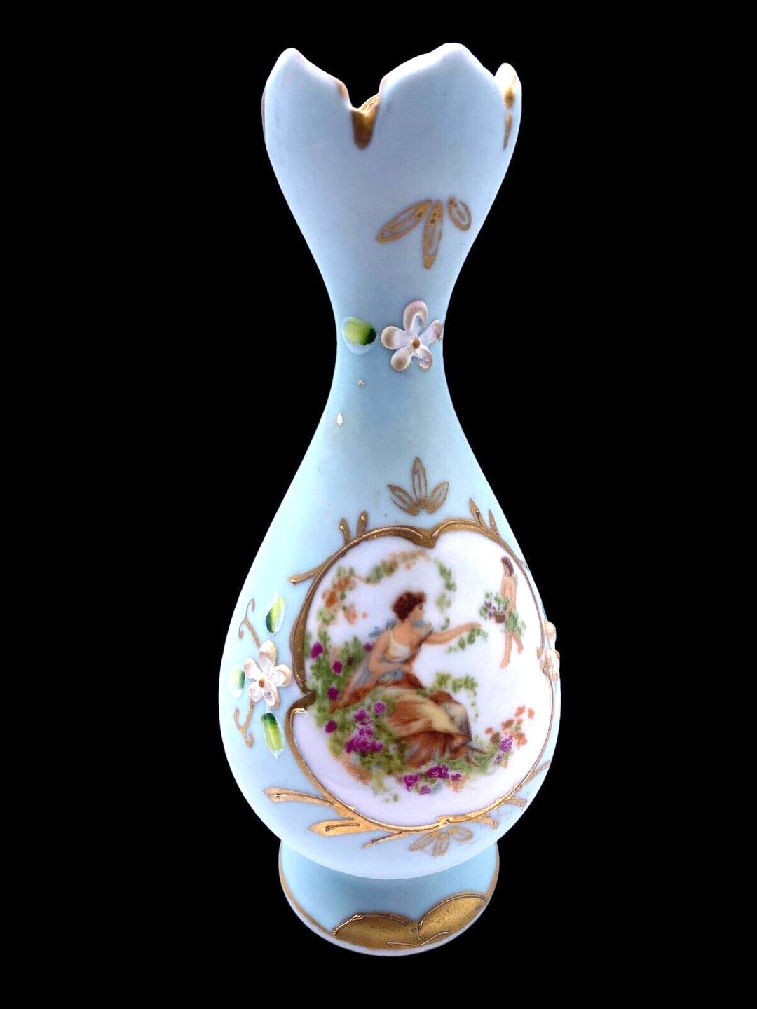 Vtg Lefton Bud Vase Light Blue Cherub Angel Floral Victorian Regency ...