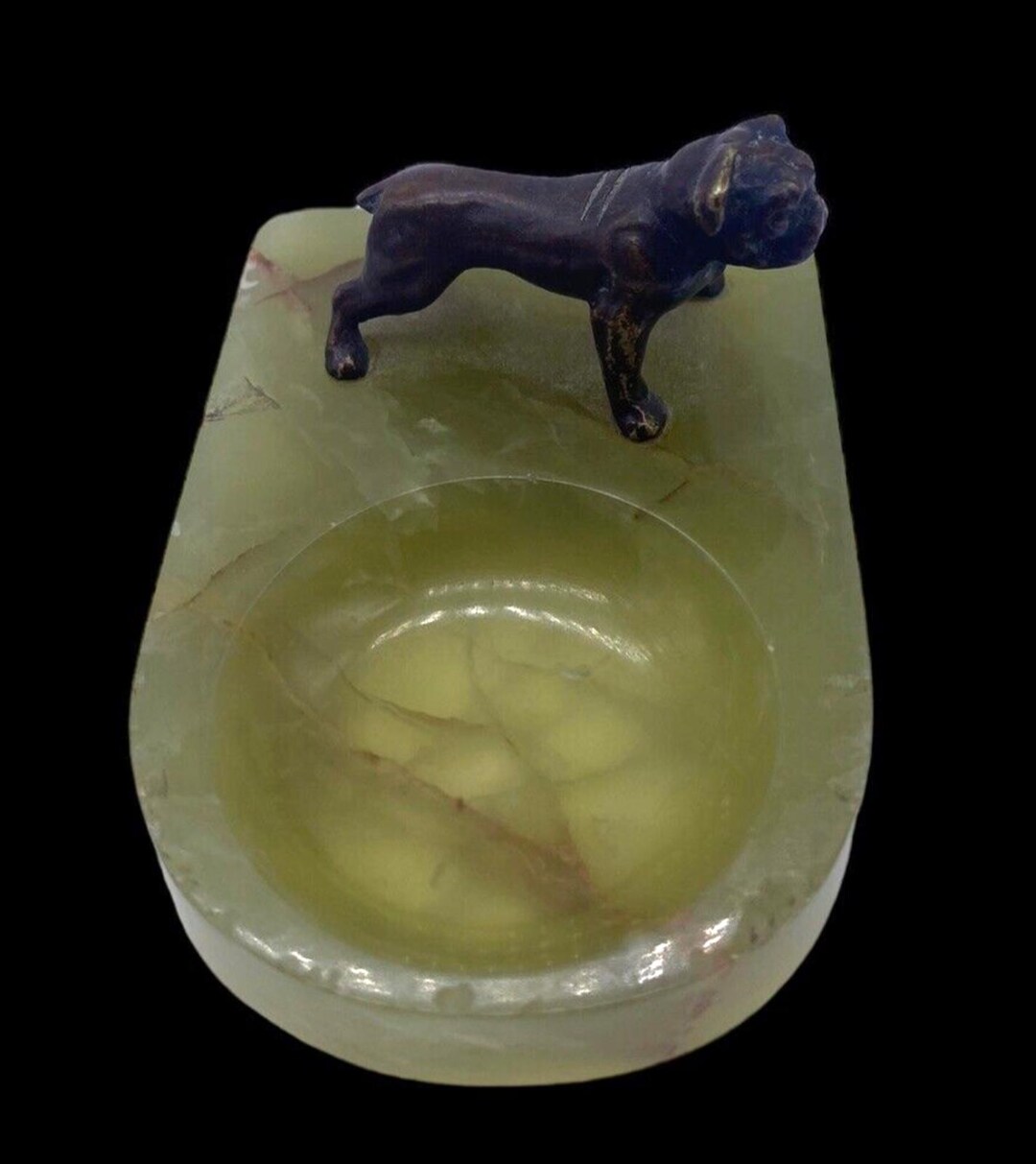 Antique Pin Coin Ashtray Tray Mini Dish Onyx Soapstone Green Bulldog ...