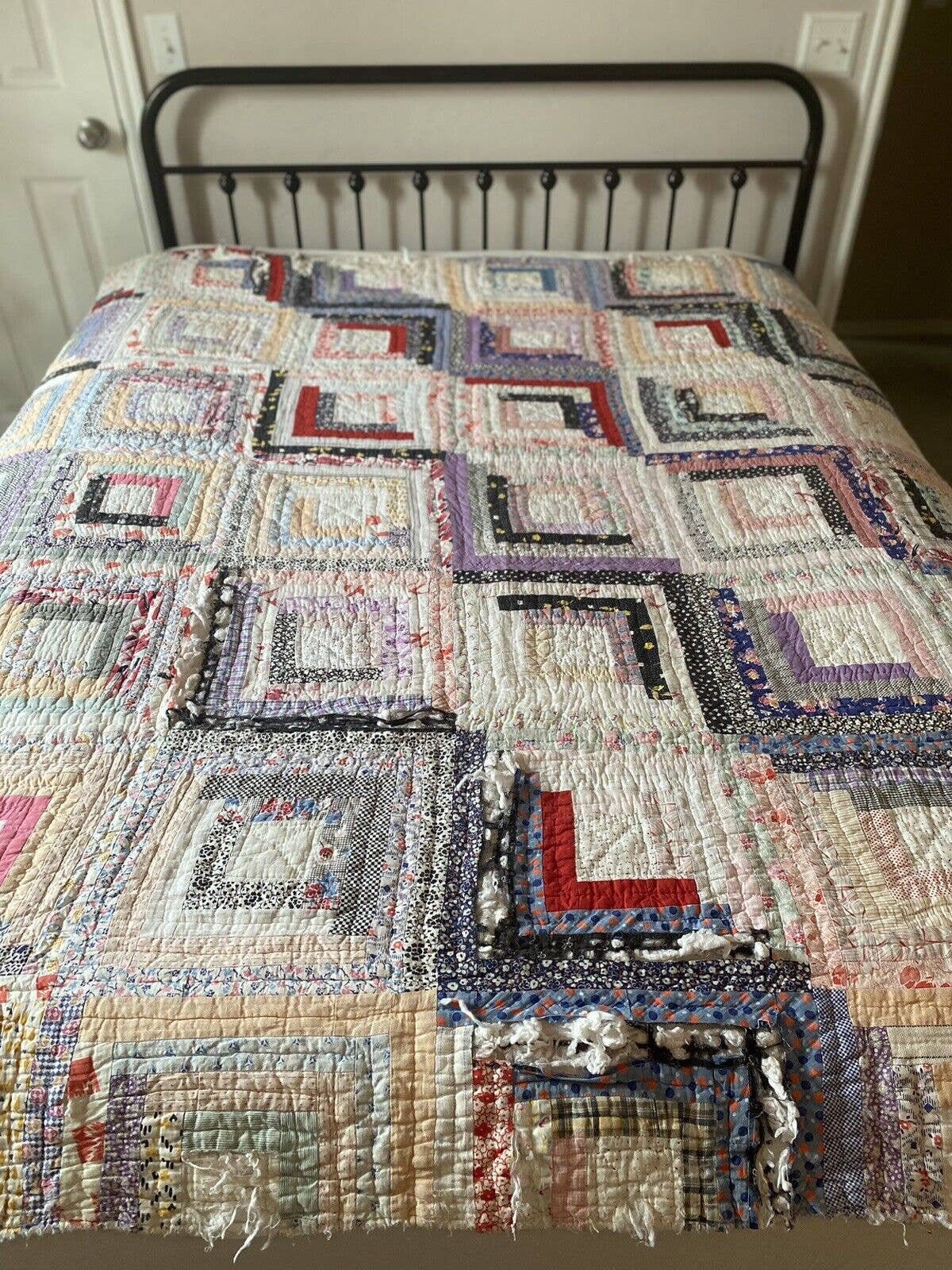 Antique Early 1900s Log Cabin Quilt Handmade Barn Raising Cutter ...