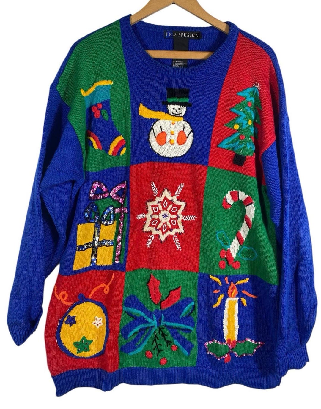 IB Diffusion Sweater Large Christmas Embroidered Womens Ugly Blue ...