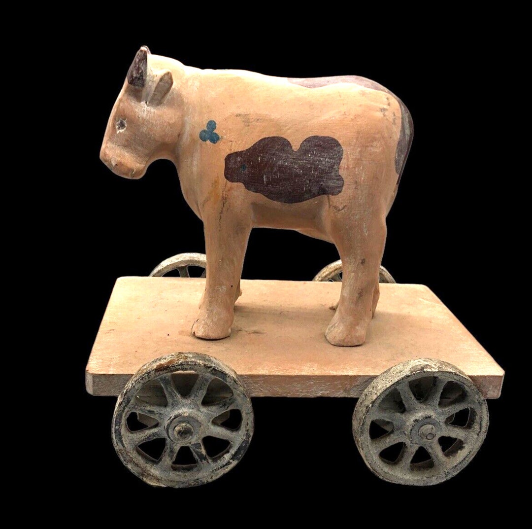 Vtg Cow Pull Toy Composite Wood Heavy Cast Iron ? Wheels LARGE ...