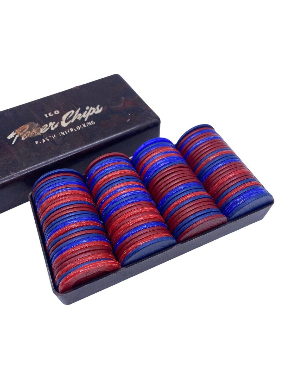 Vintage Poker Chips in Box Bakelite Box ? TCO Red Blue Horseshoe ...