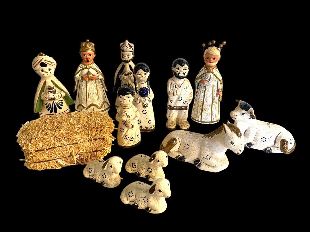 Vintage Mexican Pottery Nativity Set Handmade Tonala Mary Joseph ...