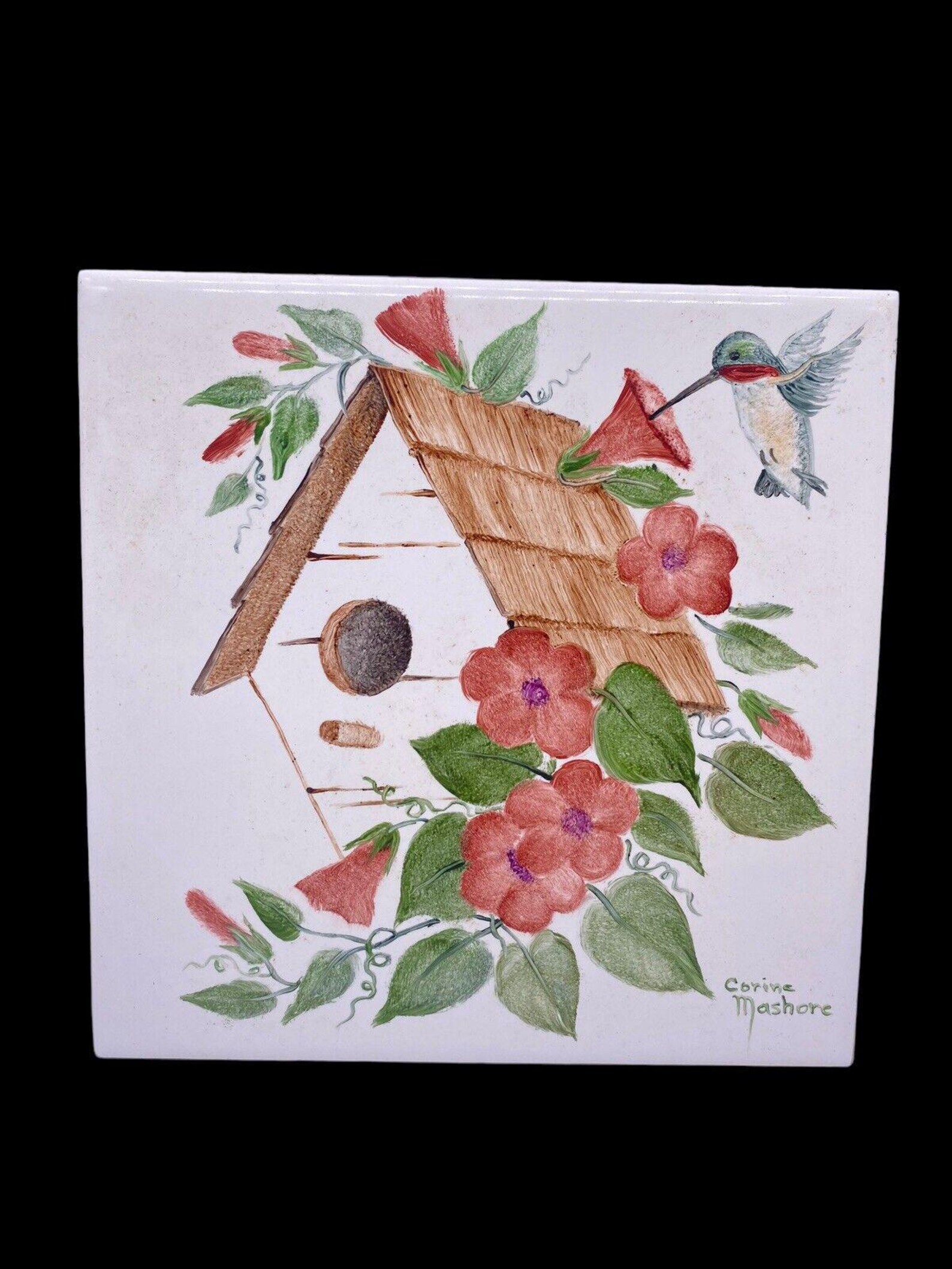 Handpainted Tile Trivet Birdhouse Flower Hummingbird Cottagecore ...