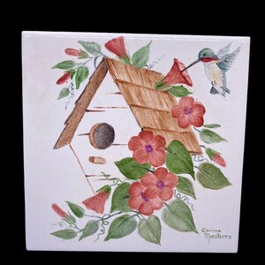Handpainted Tile Trivet Birdhouse Flower Hummingbird Cottagecore ...