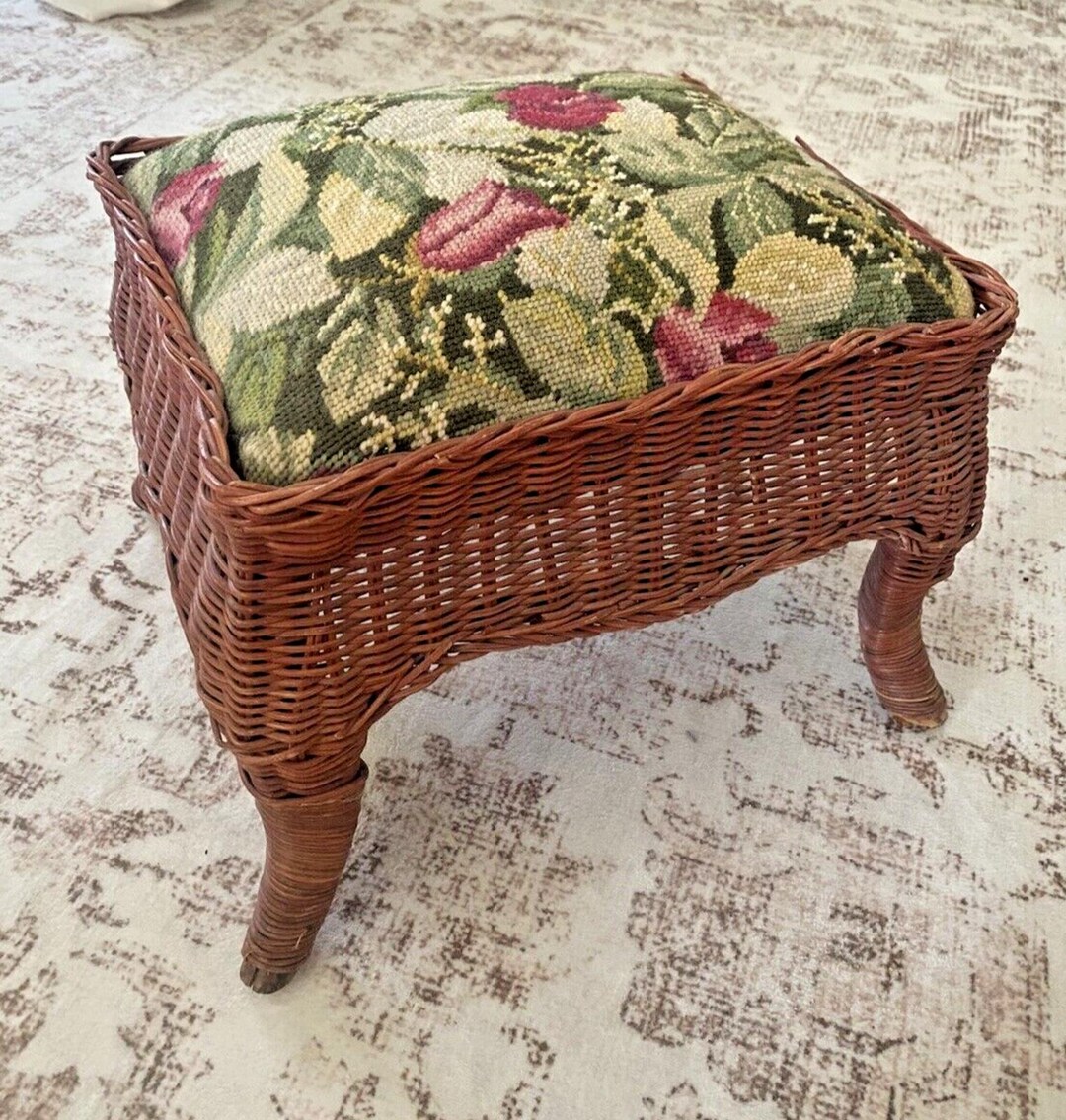Needlepoint Stool Footstool Wicker Roses Pink Green Cottagecore ...