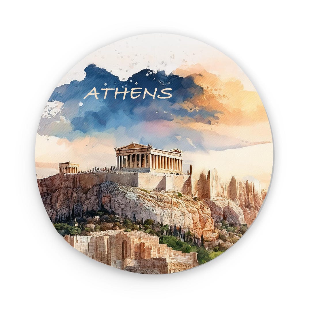 Athens Metal Round Magnet | Watercolor Based Art | Greece Magnets ...