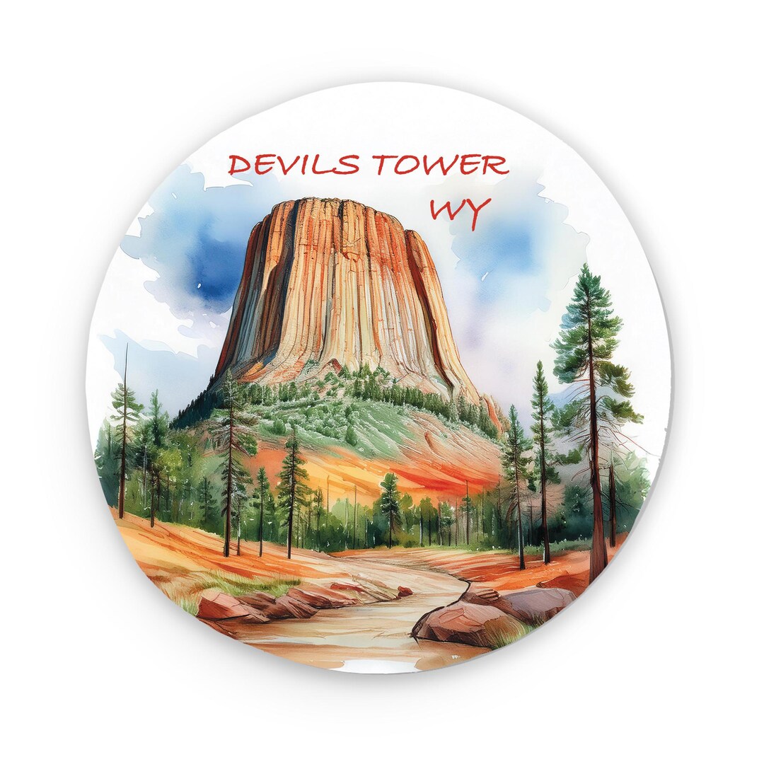 Devils Tower WY Metal Round Magnet | Watercolor Based Art | USA Wyoming ...