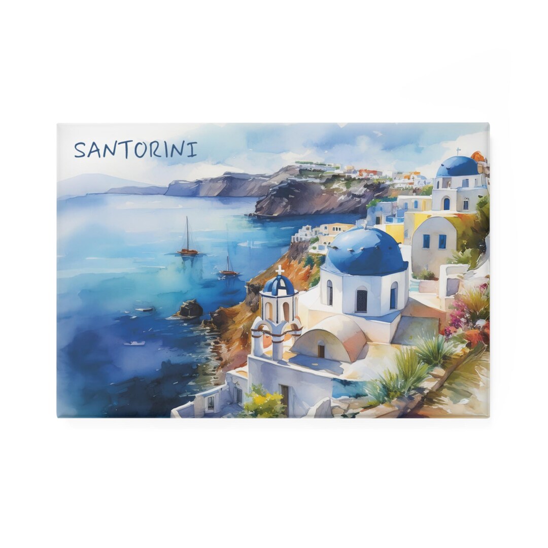 Santorini Magnet | Watercolor Based Art | Greece Magnets | Rectangular ...
