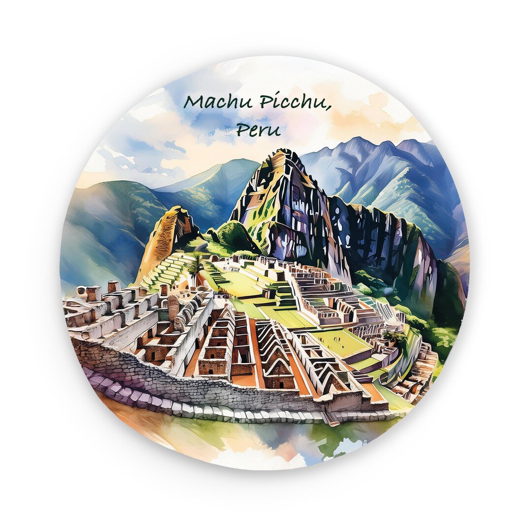 Machu Picchu Metal Round Magnet | Watercolor Based Art | Peru Magnets ...