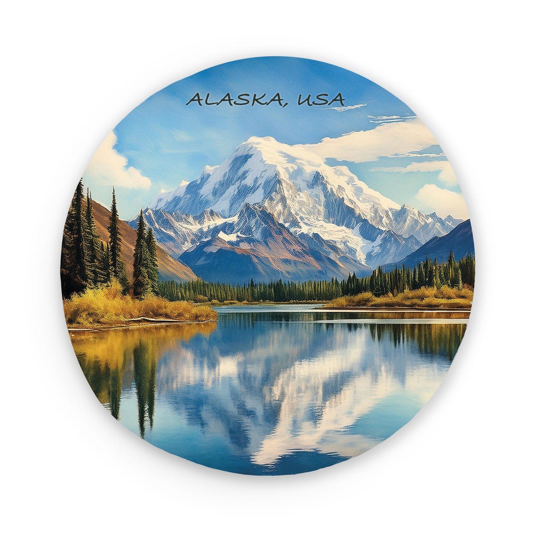 Alaska Metal Round Magnet | Mount Denali | Watercolor Based Art | USA ...