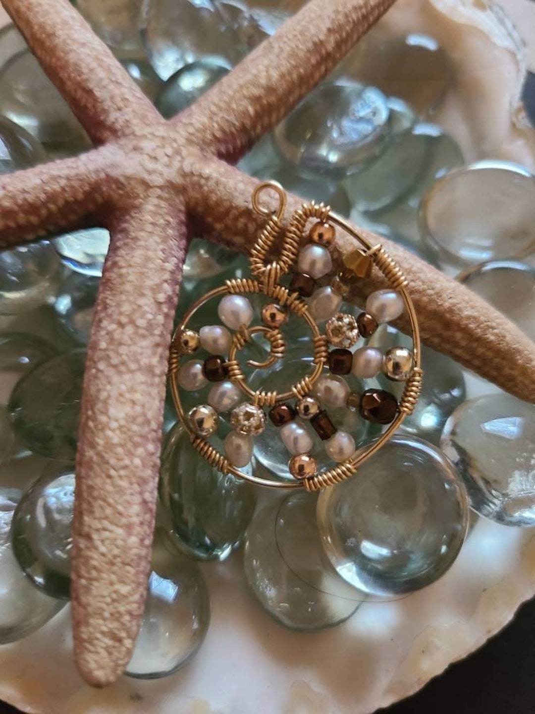 Golden Spiral Sea Shell Wire Wrapped Pendant With Glass, Metal and ...