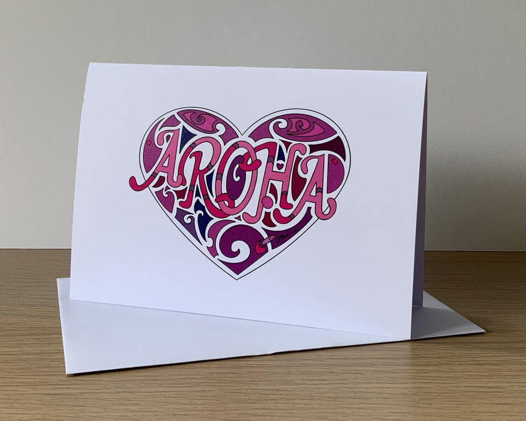 PINK GREETINGS CARD Title: 'aroha' Love Heart Blank Card New Zealand ...