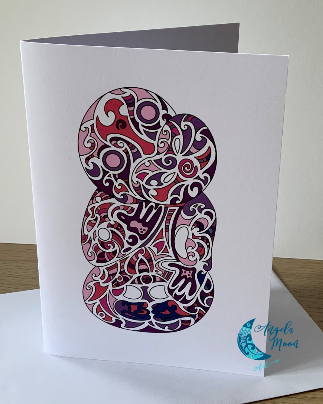PINK GREETINGS CARD Title: Tiki Blank Card New Zealand Māori Symbol for ...