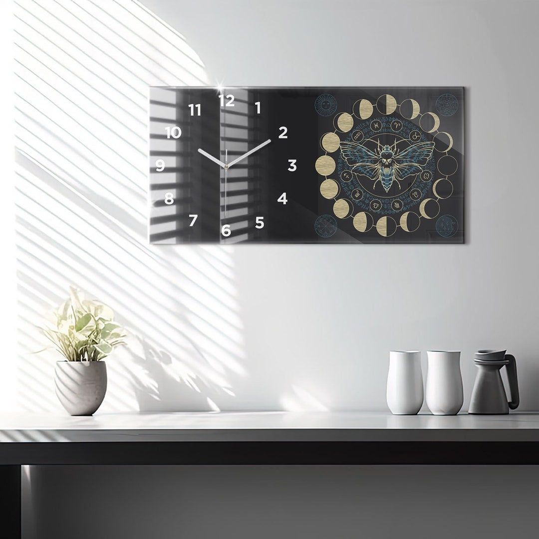 Moon Phases and Insect Wall Clock, Black Glass Clock, Abstract Hanging ...