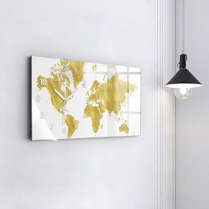 Golden Map of the World Wall Clock, Golden Glass Clock, Map Hanging ...