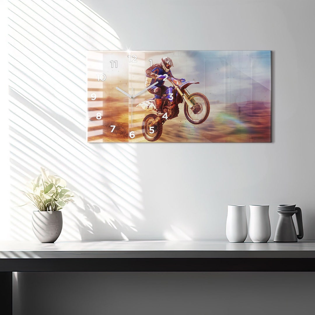 Motocross Enduro Modern Wall Clock, Orange Glass Clock, Vehicle ...