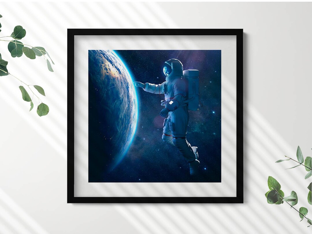 Cosmonaut and Planet Earth Art Print, Earth and Space Painting in Frame ...