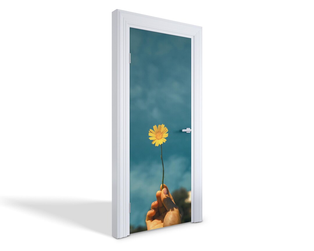 Yellow Flower Door Sticker, Carving Door Mural, Flowers and Plants Door ...