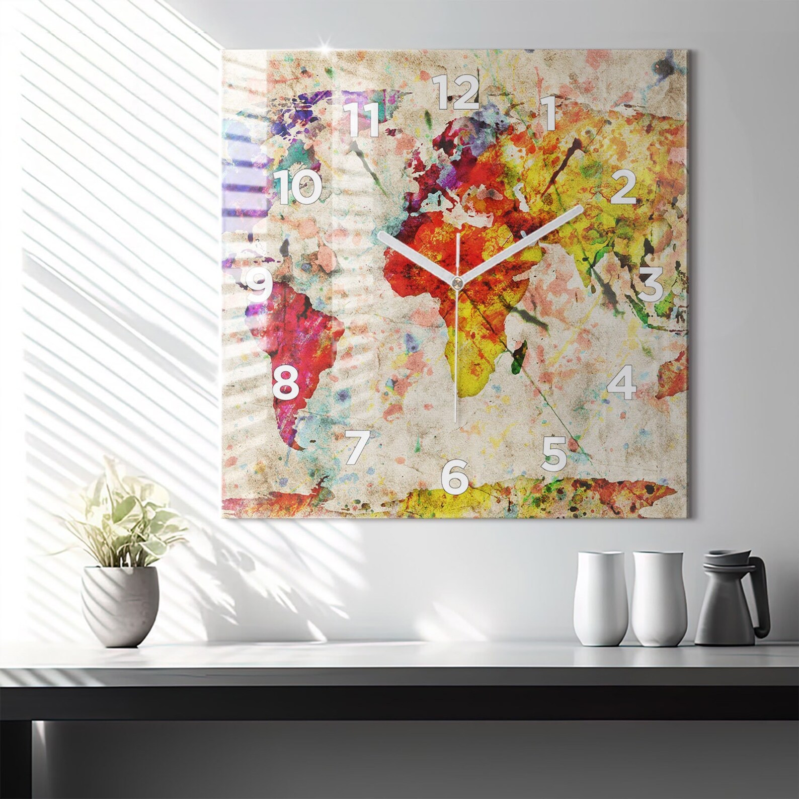 Colorful Map of the World Glass Clock, Brown Hanging Clock, Map Printed ...