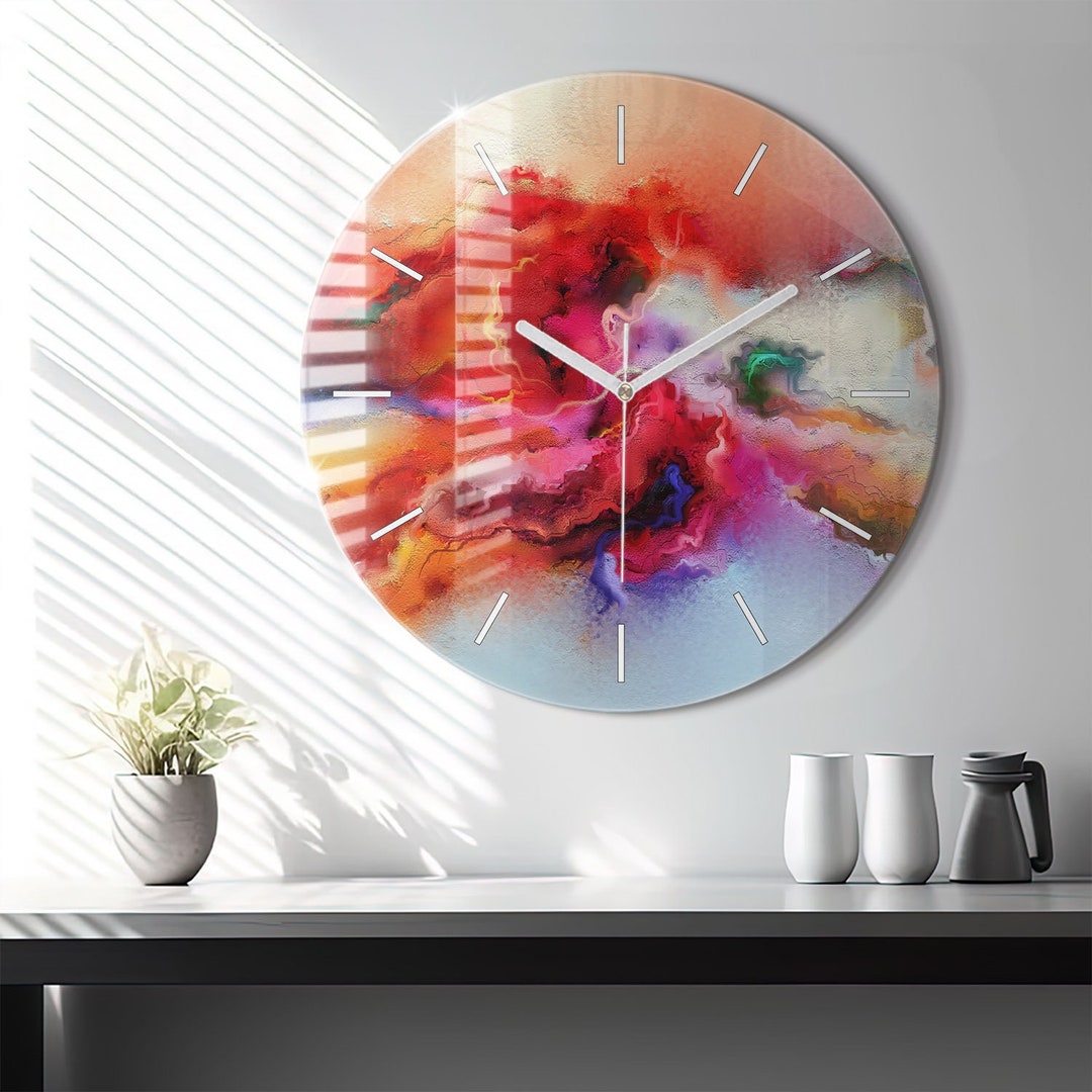 Spilled Paints Glass Clock, Pink Minimalistic Clock, Abstract Wall ...