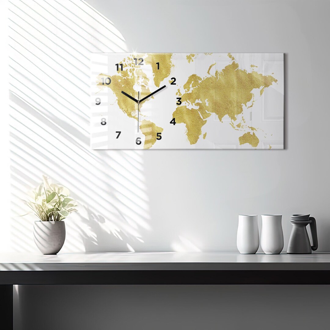 Golden Map of the World Wall Clock, Golden Glass Clock, Map Hanging ...