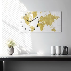 Golden Map of the World Wall Clock, Golden Glass Clock, Map Hanging ...