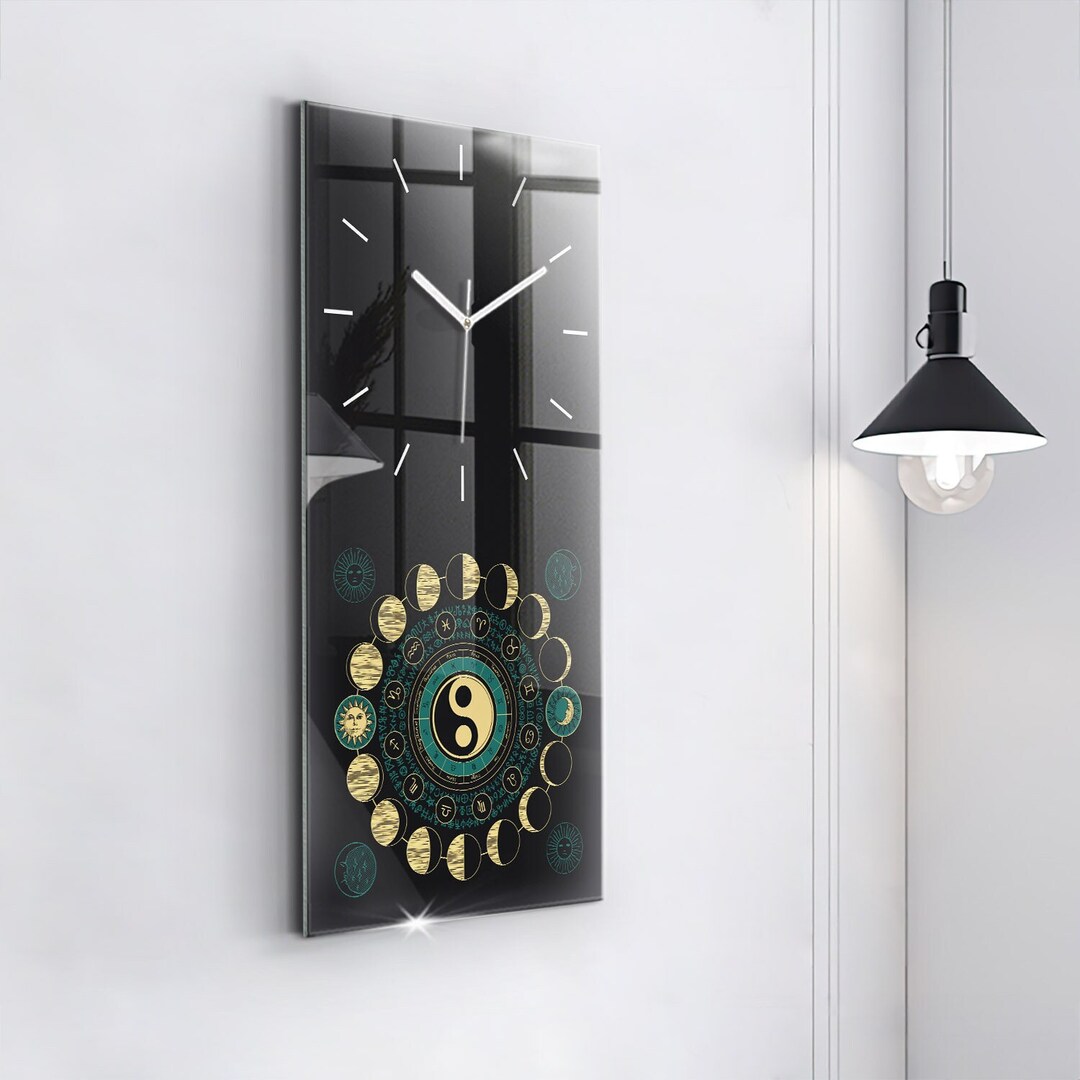 Moon Phases Wall Clock, Black Glass Clock, Astronomy Hanging Clock ...