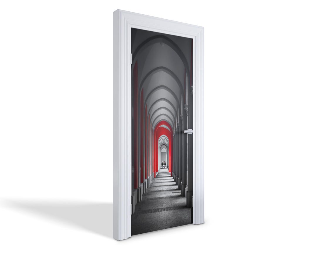 Red Arcades Door Sticker, Carving Door Mural, Architecture Door Decals ...