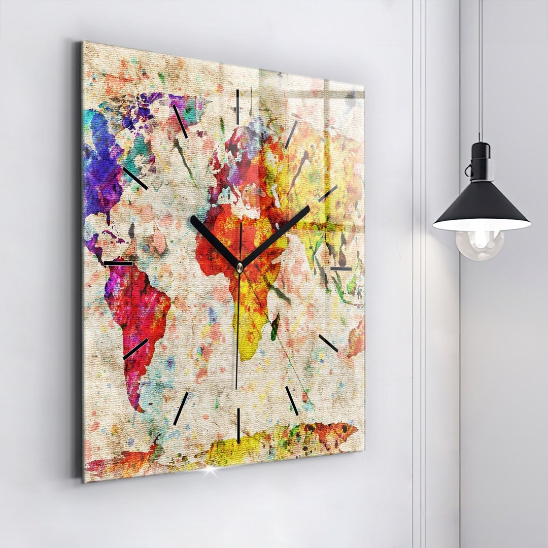 Colorful Map of the World Glass Clock, Brown Hanging Clock, Map Printed ...