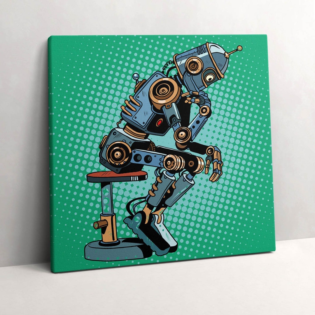Robot Pop Art Illustration Canvas, Picture Wall Hanging, Green Wall Art ...