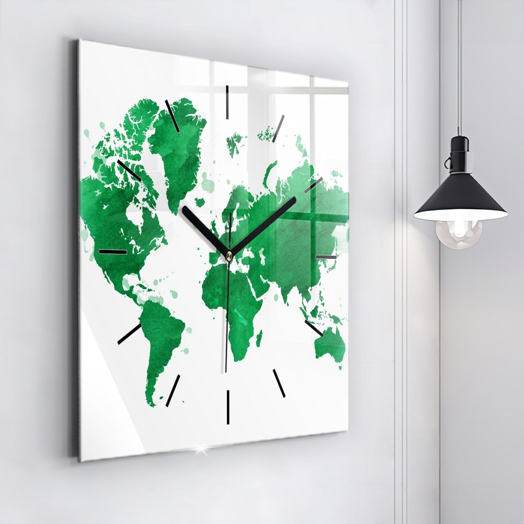 Green Map of the World Glass Clock, Green Modern Wall Clock, Map ...