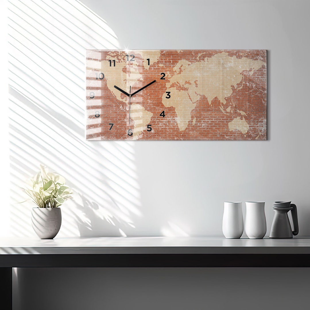 World Map for Brick Minimalistic Clock, Brown Glass Clock, Map ...