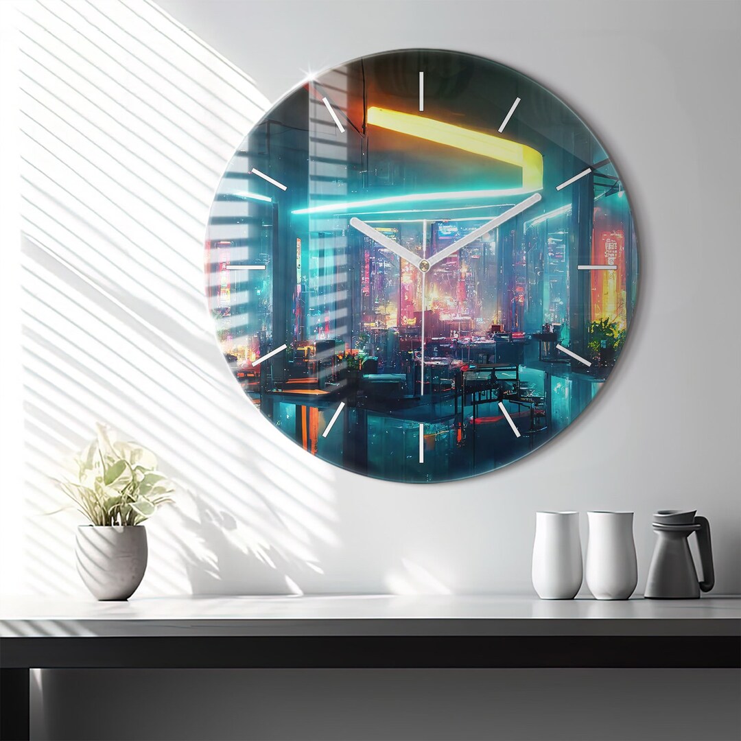 City in the Style of Cyberpunk Glass Clock, Blue Modern Wall Clock ...