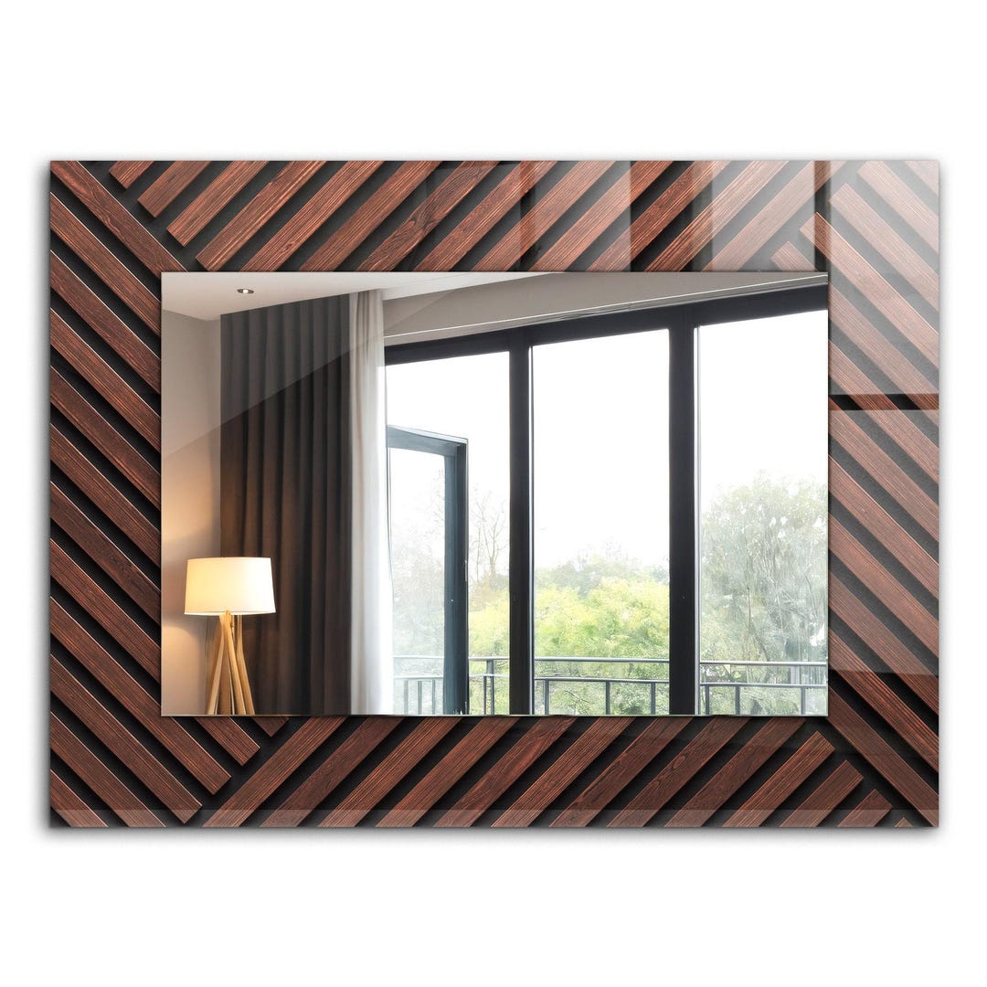 Wooden Diagonal Slats Mirror, Mirror With Brown Tempered Glass Framing ...