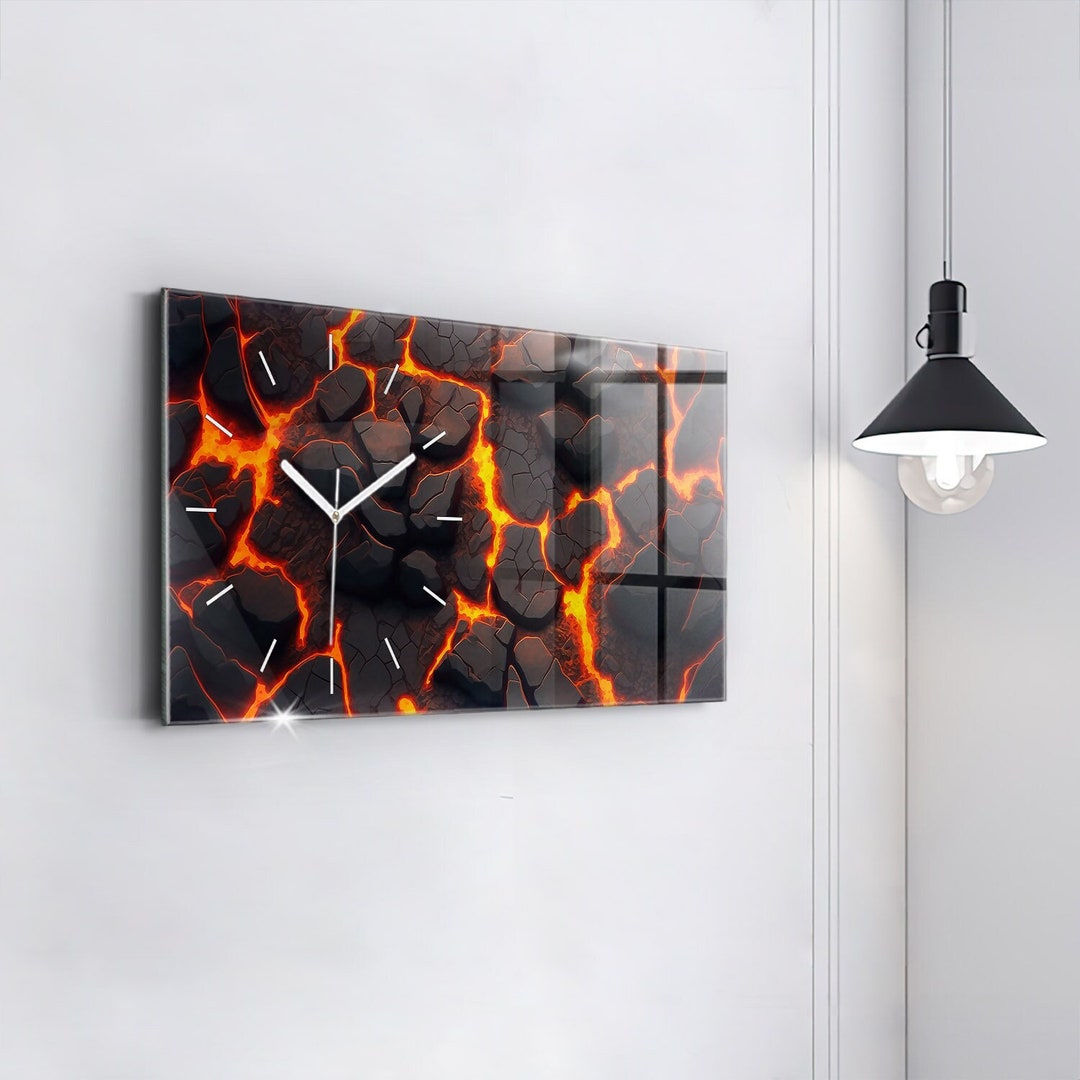 Lava Volcano Minimalistic Clock, Black Glass Clock, Nature Wall Clock ...