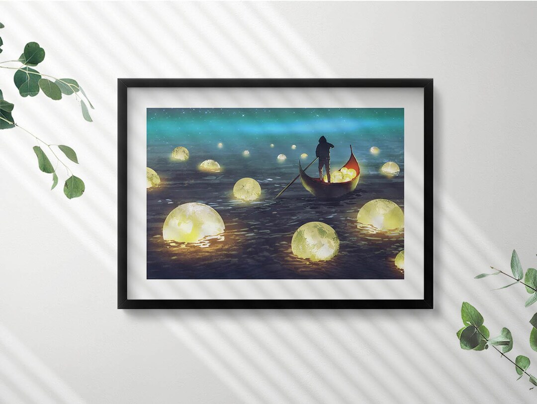 Illustration of Boats and Moons Wall Art in Frame, Abstraction Framed ...