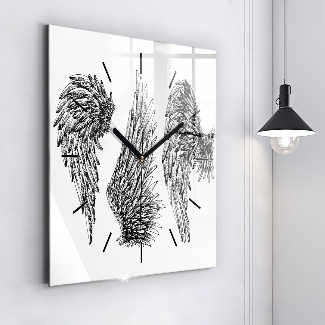 Angel's Wings Glass Clock, White Printed Clock, Animal Modern Wall ...