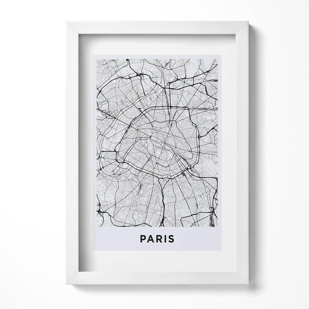 Paris France City Map Wall Art in Frame, Maps Framed Art, Gray Wall Art ...