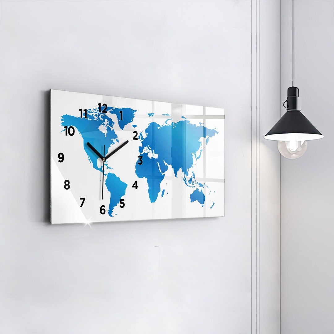 Mapa del mundo Reloj Minimalista, Reloj de Vidrio Azul, Reloj Colgante ...