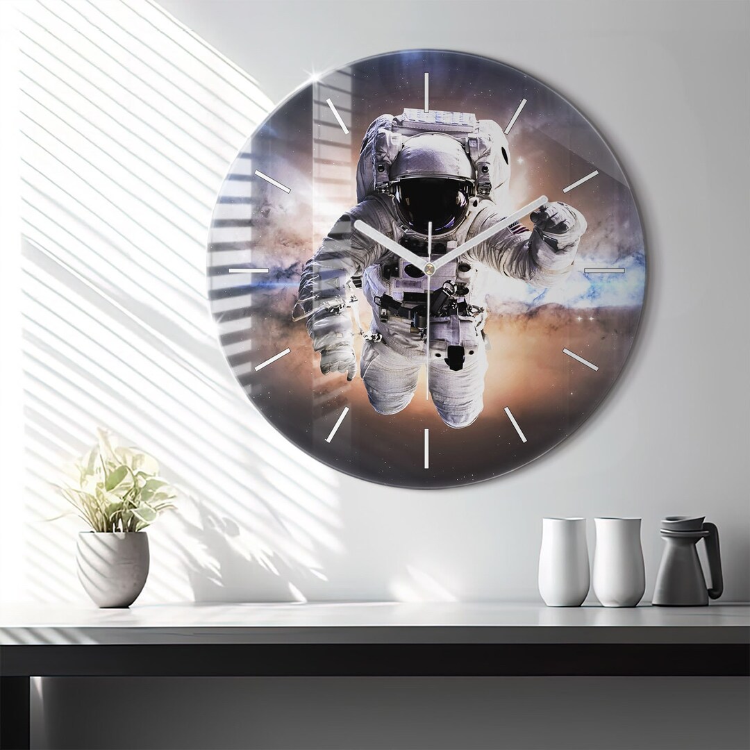 Astronaut in Space Glass Clock, Blue Modern Wall Clock, Space ...